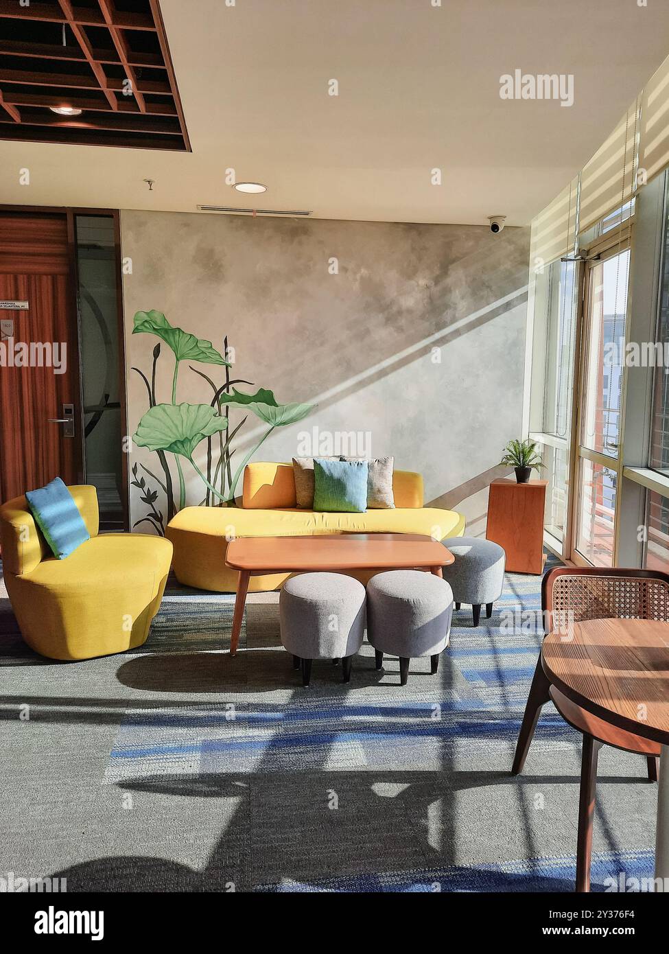 Modern office cafetaria with decorative plant on the wall, hard direct ...