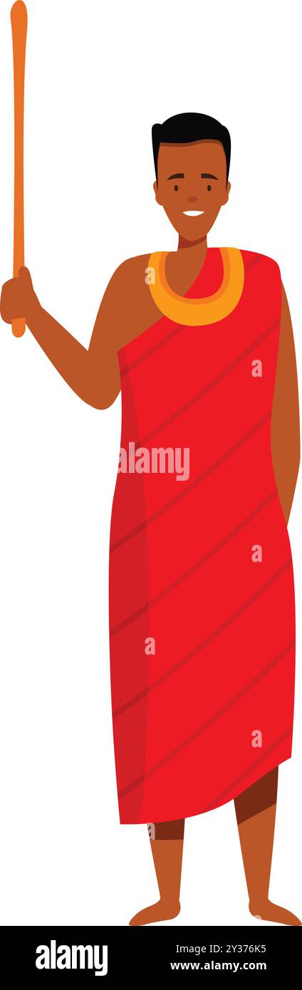 Smiling african man wearing traditional clothes and holding up a wooden ...