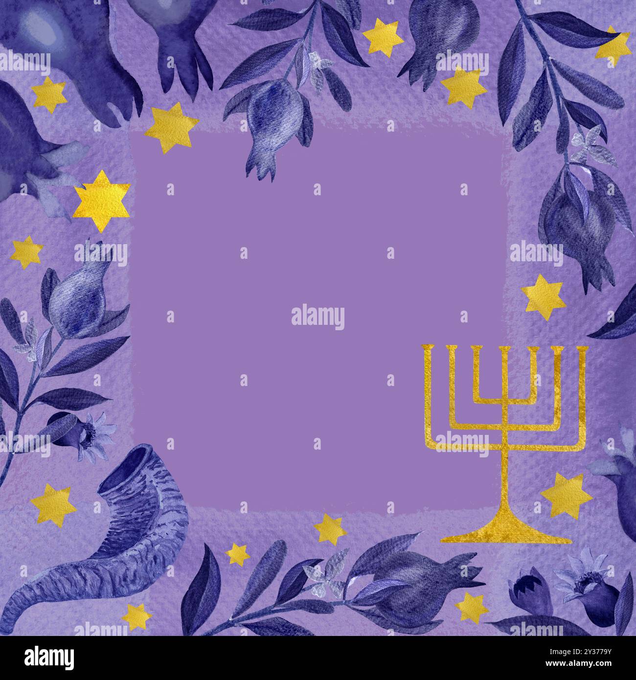 Rosh Hashanah, Hanukkah watercolor square frame on purple background ...