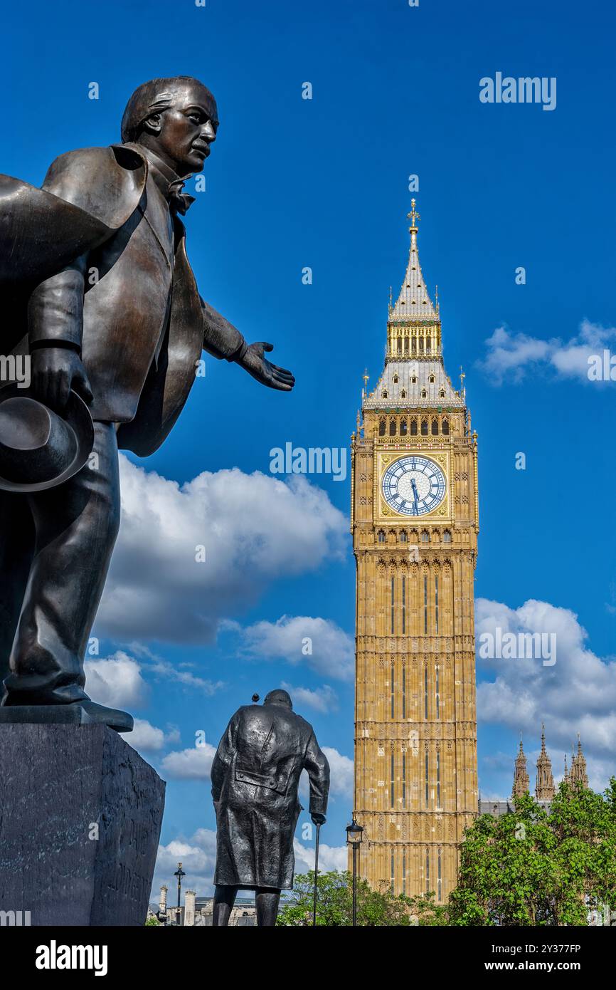 london, england - 05-23-2024: Big Ben with statues of Winston Churchill ...