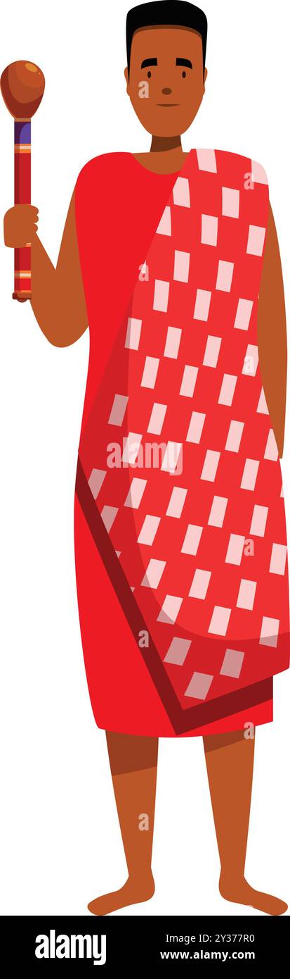 African tribal chief holding a wooden staff wearing traditional clothes ...