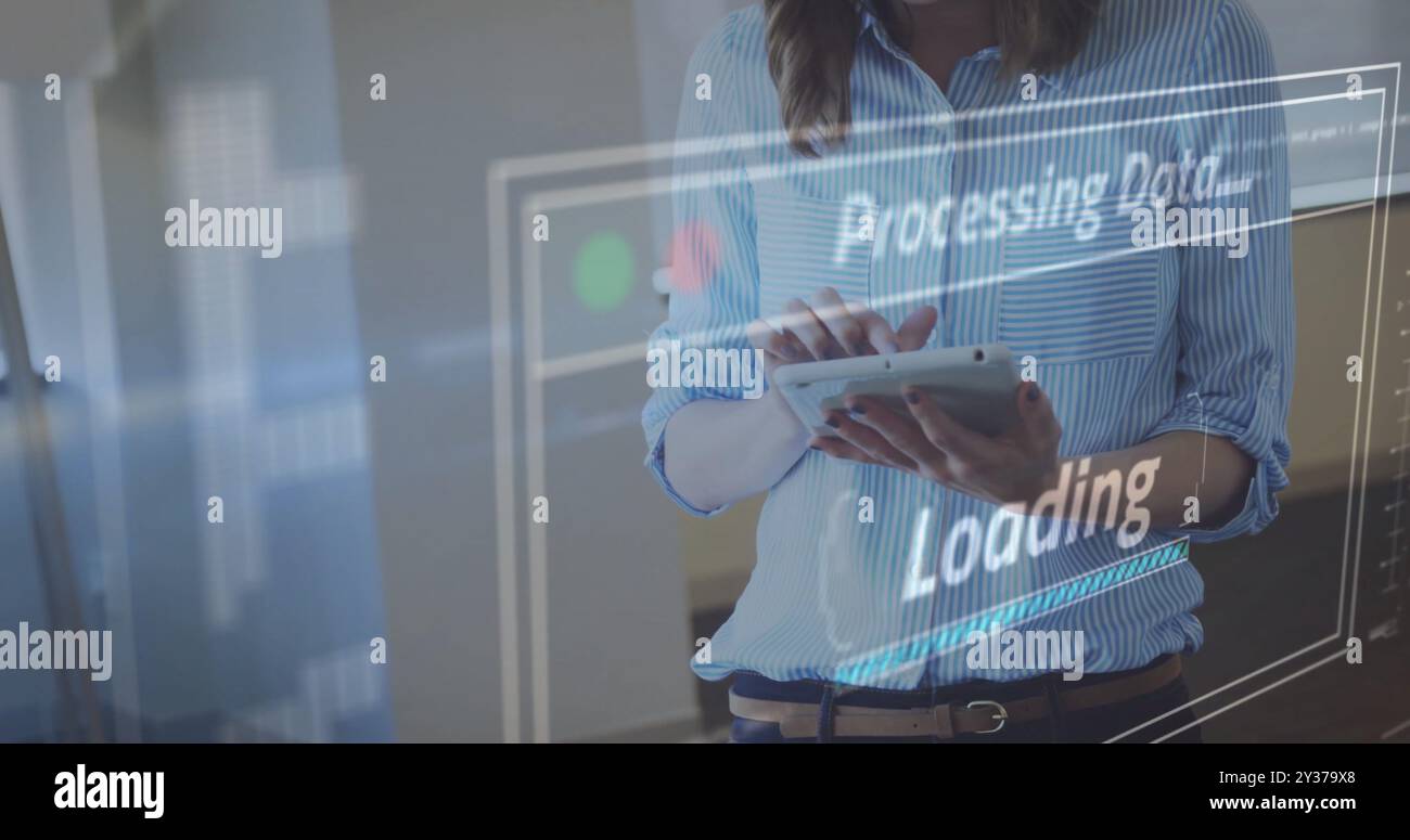 Processing data and loading image over woman using tablet Stock Photo ...
