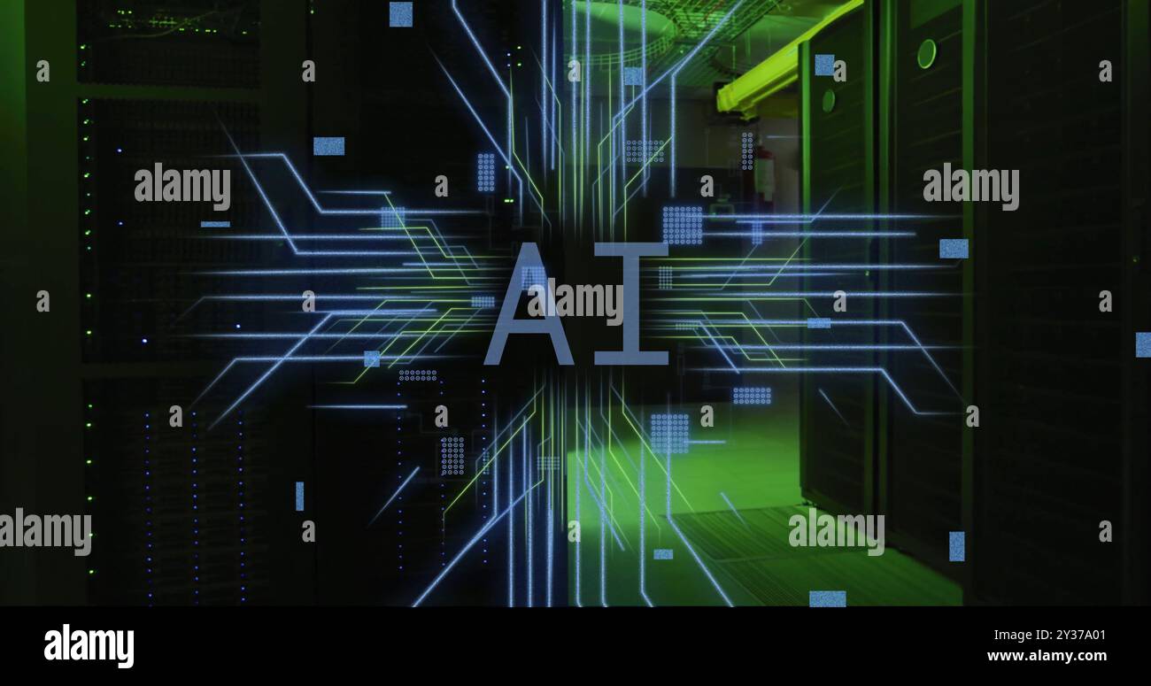 Image of ai text, digital data processing and circuit board over computer servers Stock Photo ...