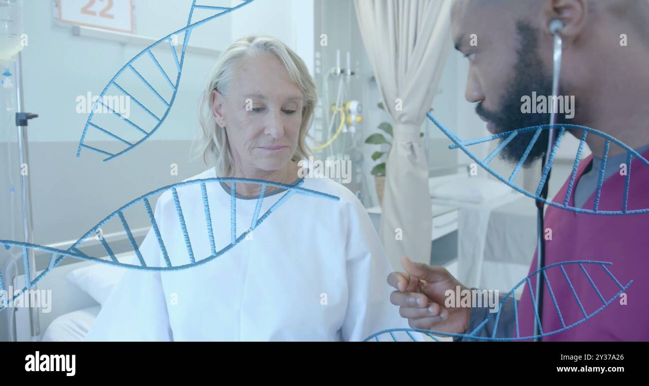 Image of dna strands over diverse male doctor using stethoscope on ...