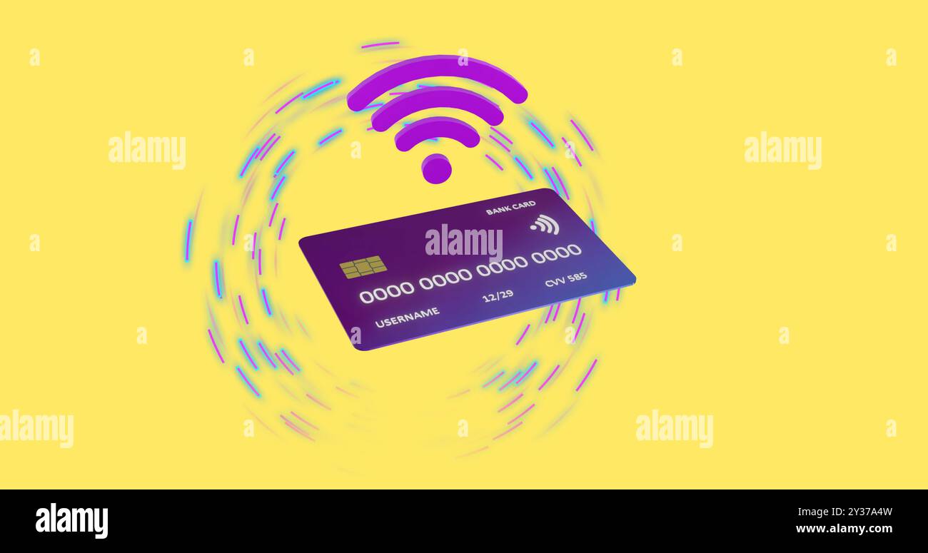 Image of wifi icon and credit card over yellow background Stock Photo ...