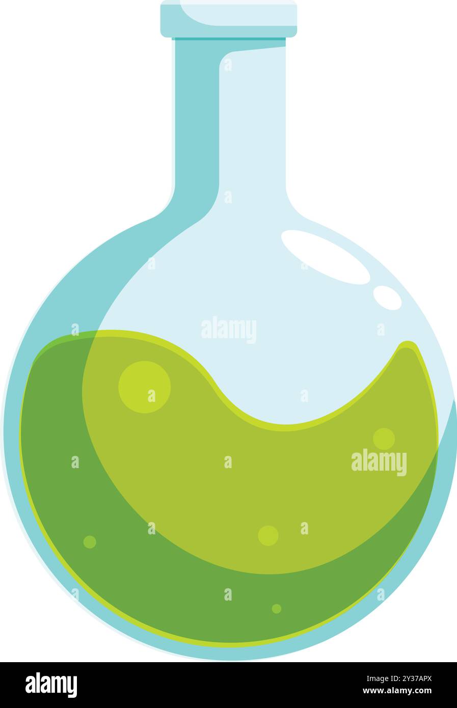 Round bottom flask containing green chemical substance, laboratory ...