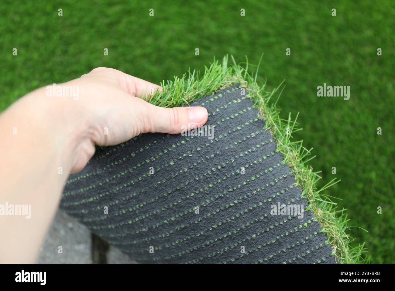 Woman with sheet of artificial turf, closeup Stock Photo - Alamy