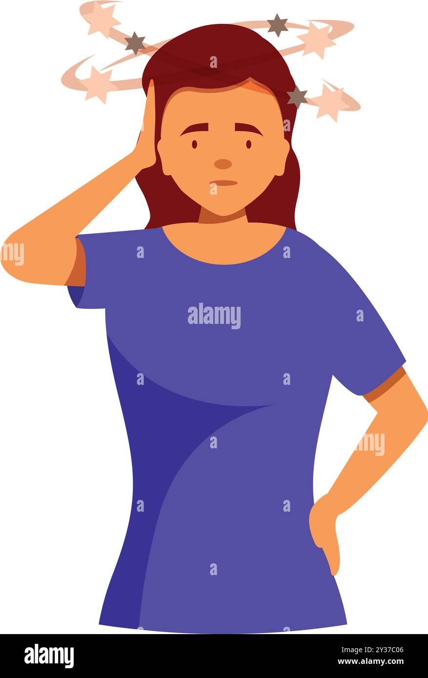 Young woman is touching her head feeling dizzy with stars spinning ...