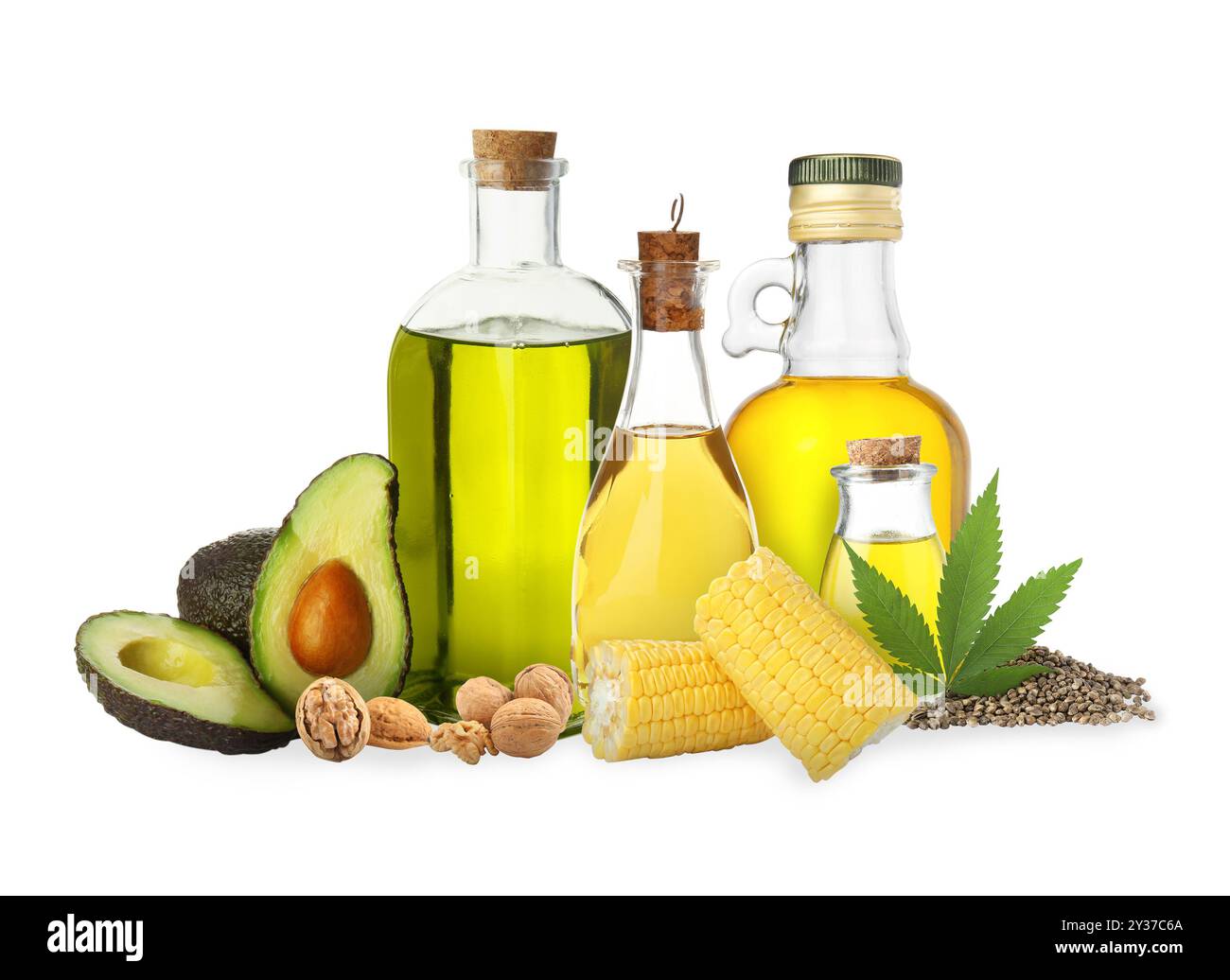 Vegetable fats. Set of different oils and ingredients isolated on white ...