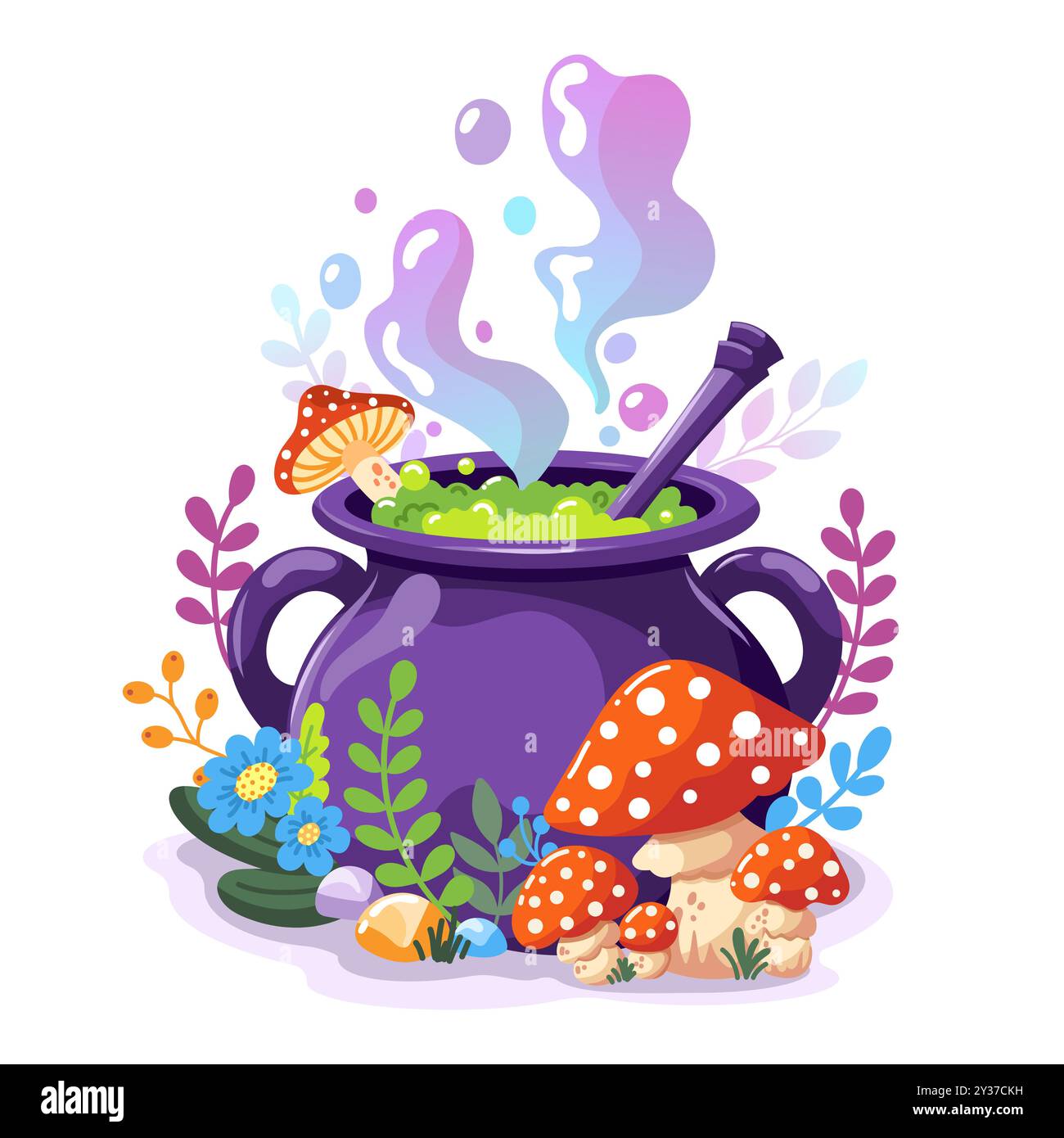Vector illustration of magical witch's cauldron bubbling with glowing potion, surrounded by ...