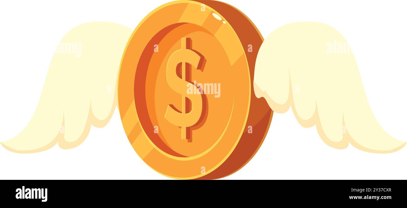 Cartoon style illustration of a golden coin with wings flying away ...