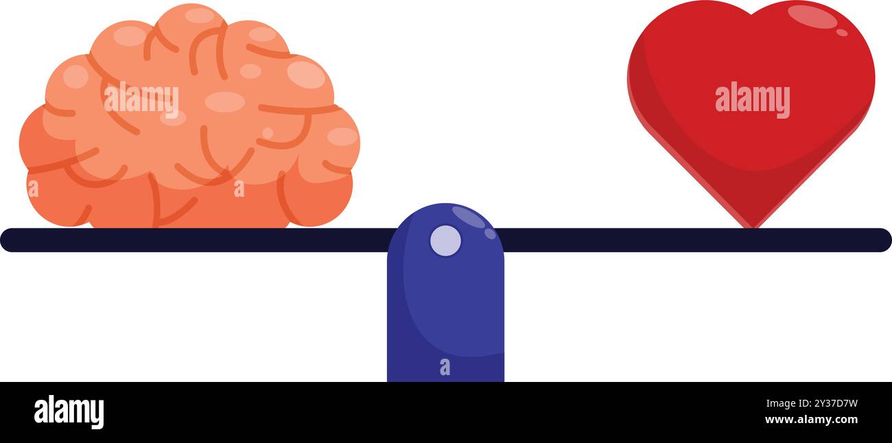 This vector illustration depicts a seesaw balancing a heart and a brain ...