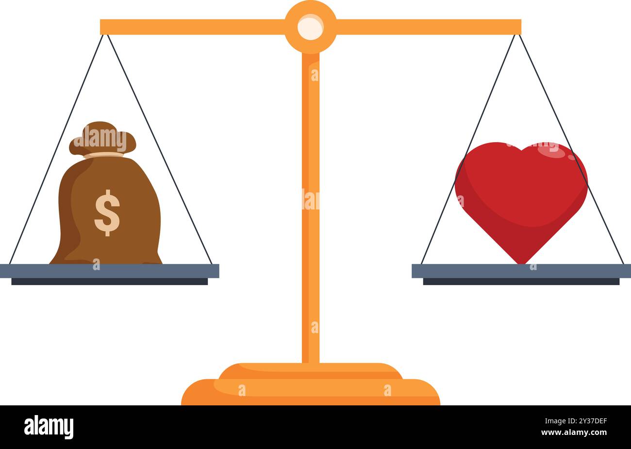 Golden scales balancing money bag and red heart representing ethics and ...