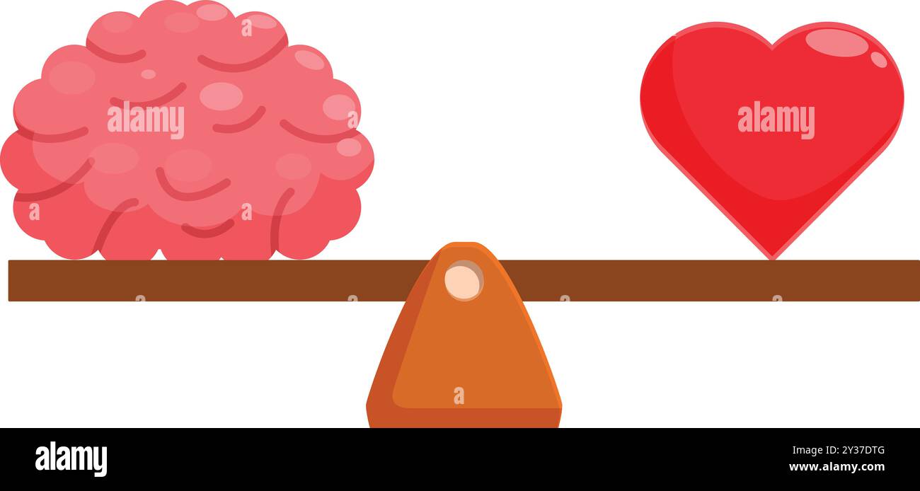 Cartoon brain and heart are balancing on a seesaw scale, symbolizing ...