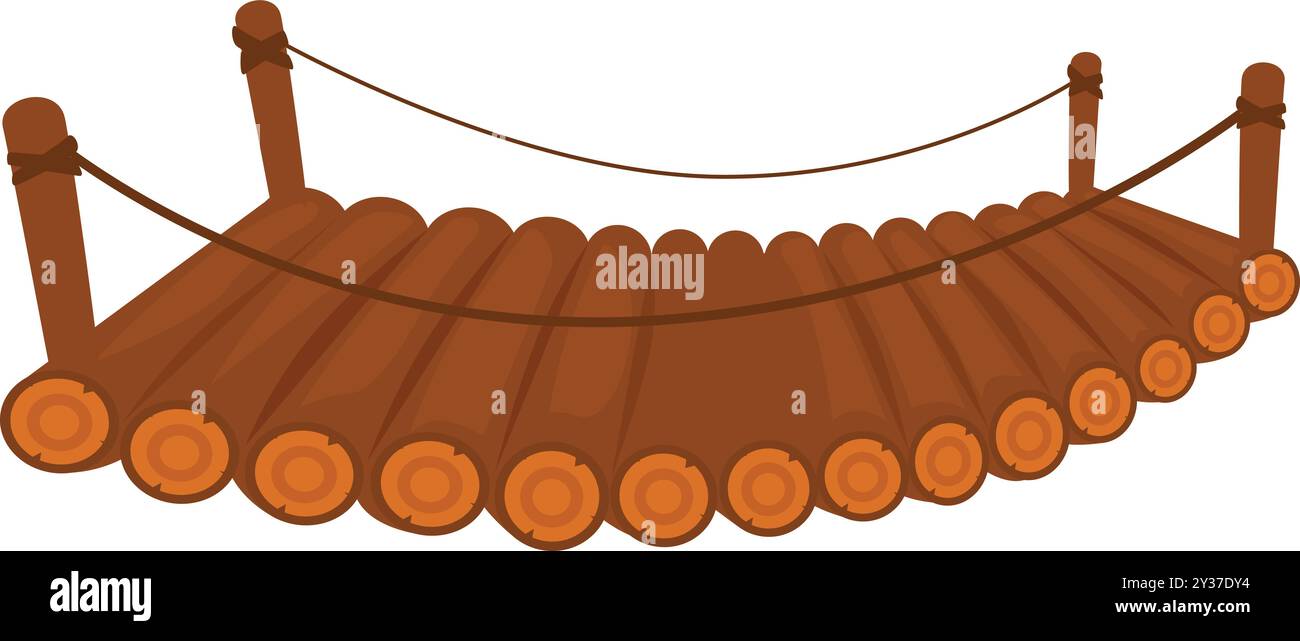 Cartoon wooden suspended bridge made of logs and rope, connecting two ...