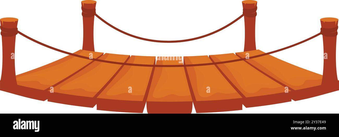 Curved wooden bridge with rope handrails connecting two sides on white ...