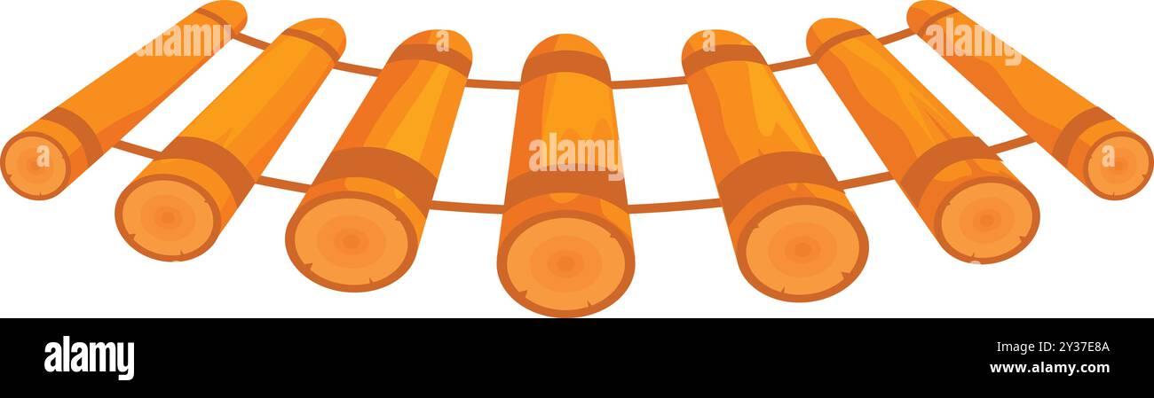 Simple wooden hanging bridge made of logs and rope is connecting two ...