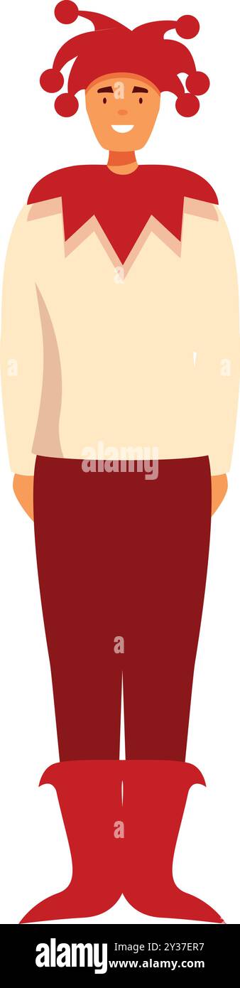 Medieval jester wearing a red and white costume and a hat with bells ...