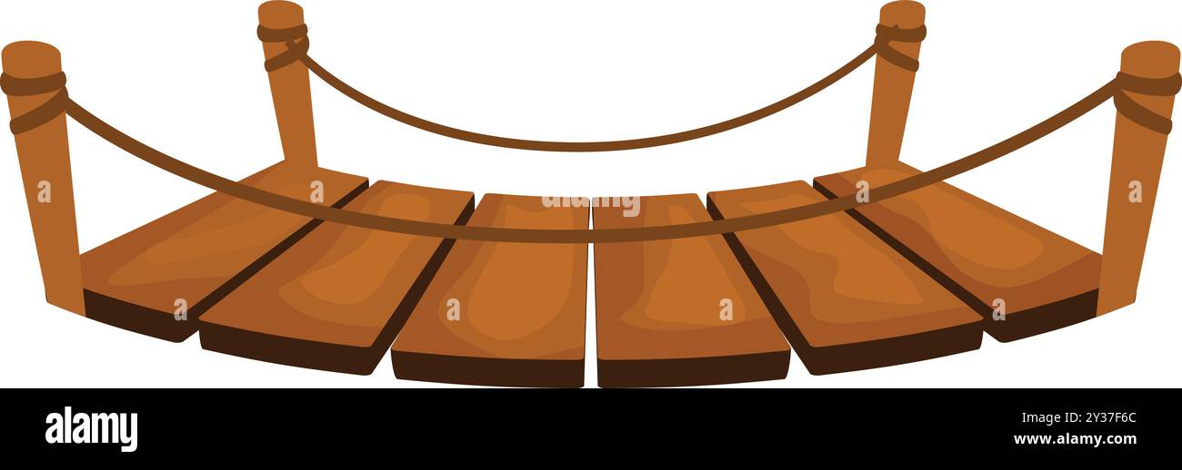 Simple curved wooden bridge, suspended by ropes attached to wooden ...