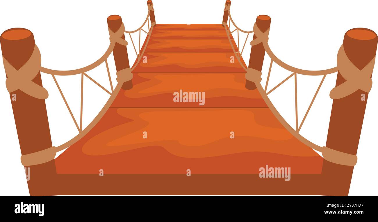 Wooden hanging bridge with rope railings is stretching into the ...