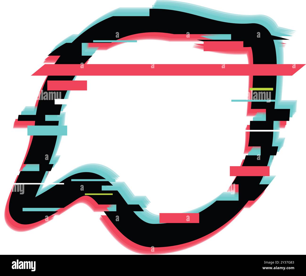 Black speech bubble with a distorted glitching effect in red, blue and ...