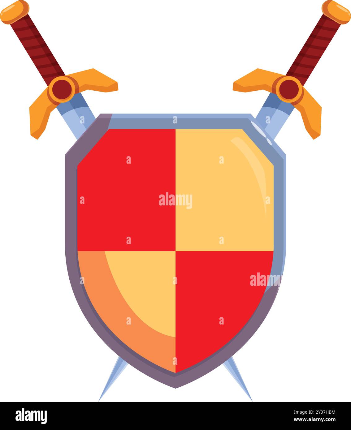 Two swords are crossed behind a red and yellow shield, embodying the ...