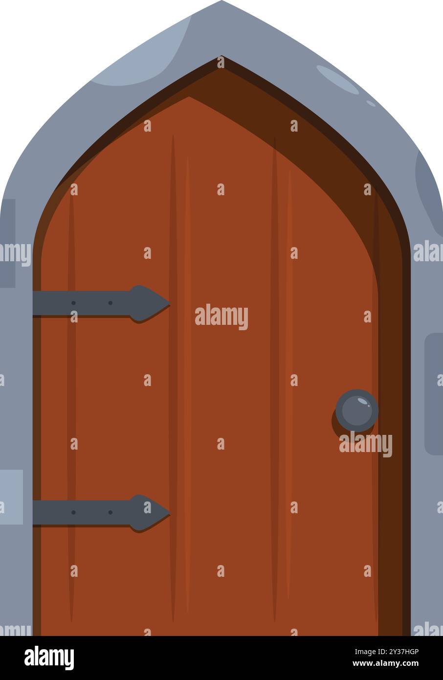 Cartoon style illustration of an old wooden door with metal hinges and ...