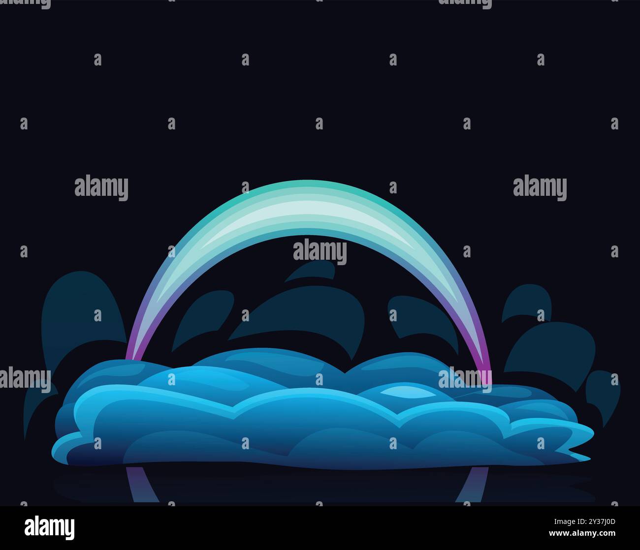Bright neon rainbow is glowing over water at night, with a dark ...