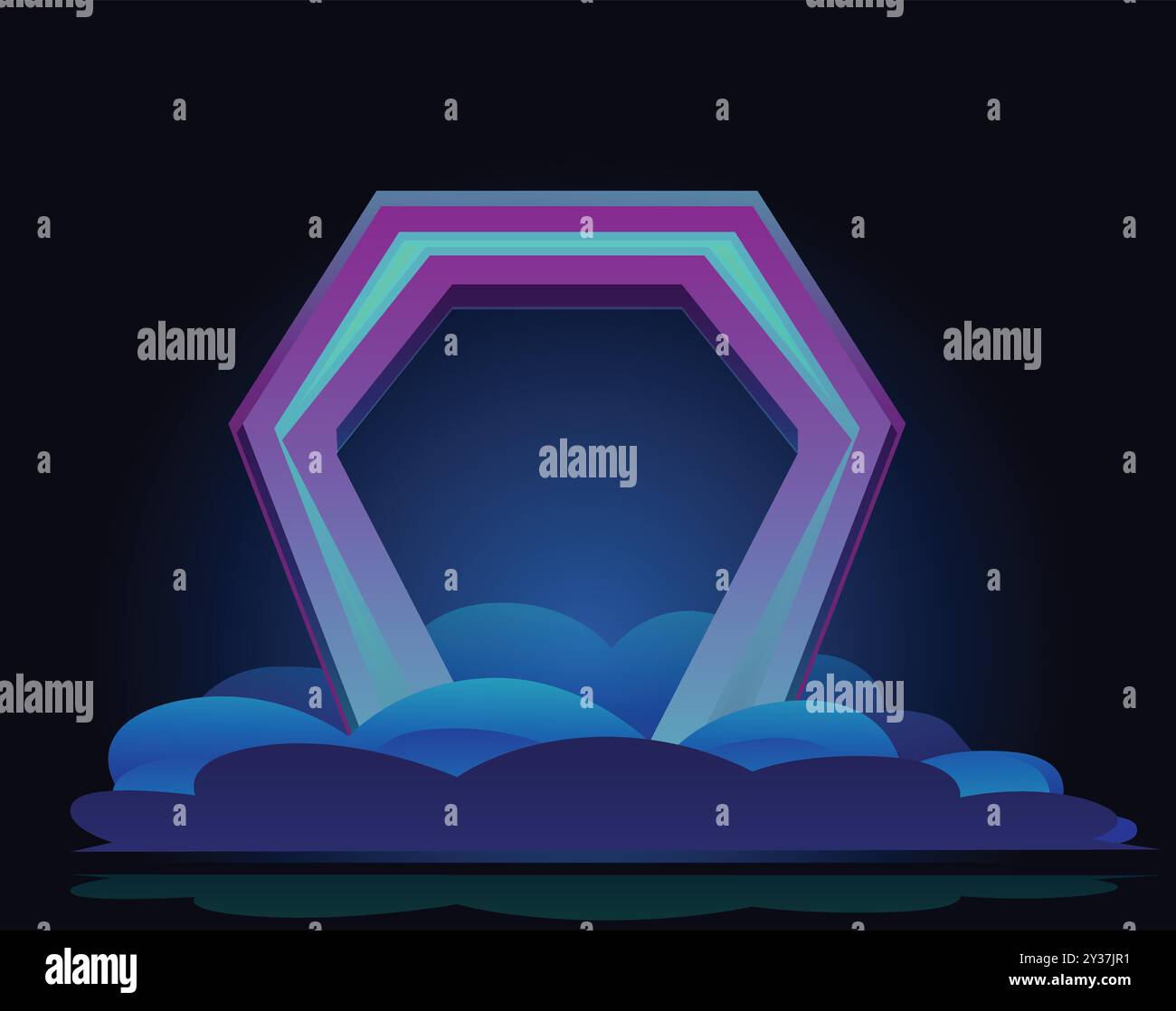 Glowing neon hexagon portal is emerging from blue clouds over water ...