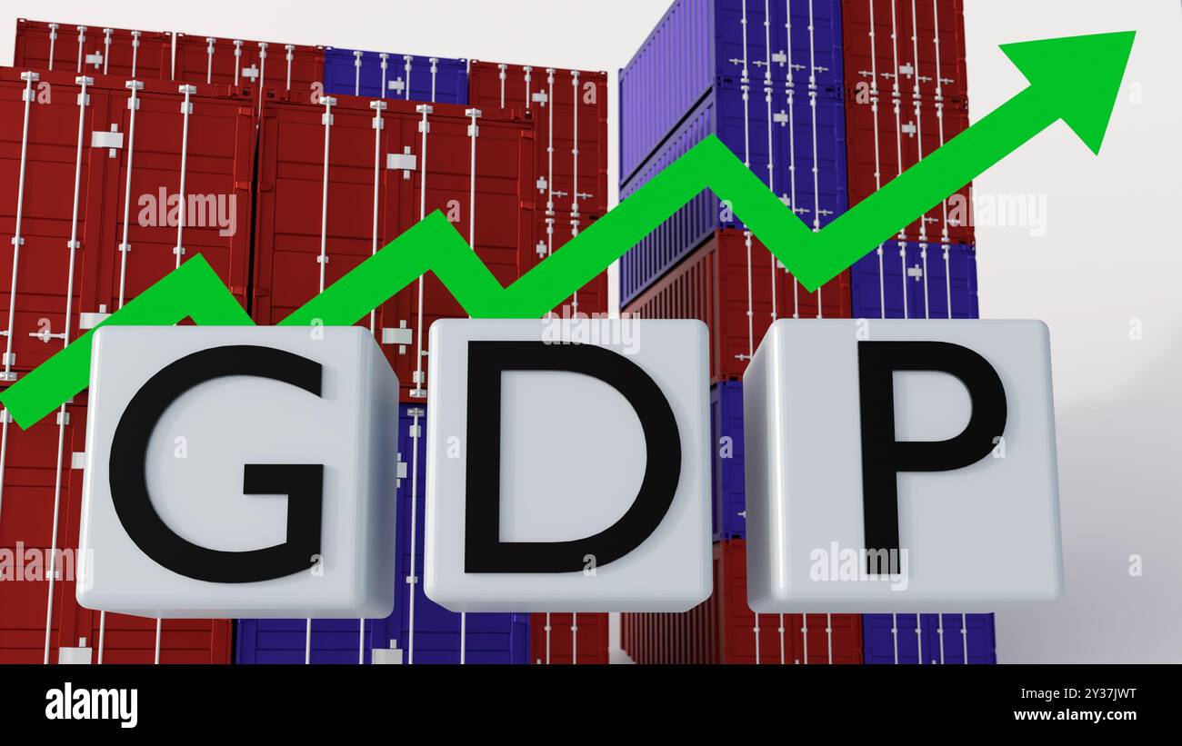 A 3D rendering of cargo containers with cubes labeled 'GDP' stacked on ...