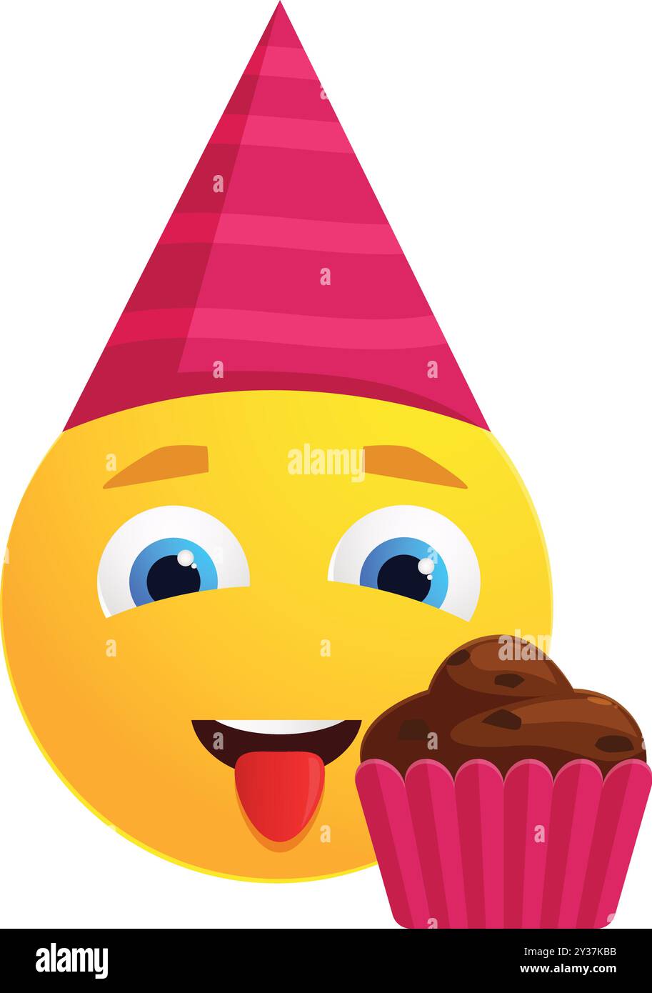 Cartoon emoji wearing a pink party hat eagerly licking a chocolate ...