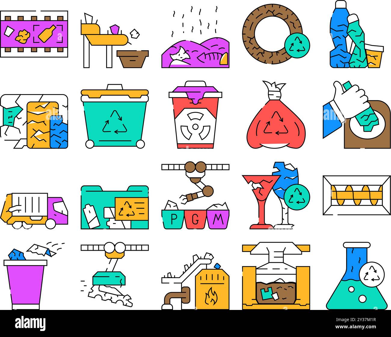 Waste Sorting Conveyor Equipment Icons Set Vector Stock Vector Image ...