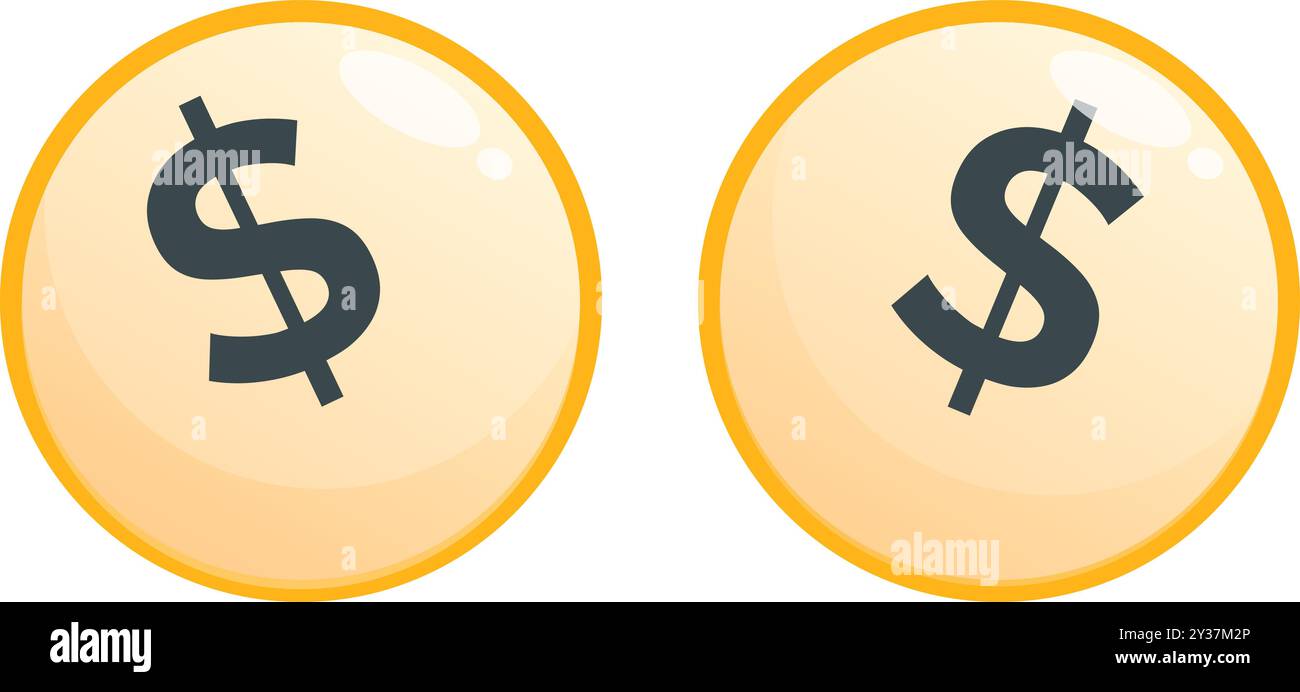 This illustration shows two golden coins with dollar signs ...