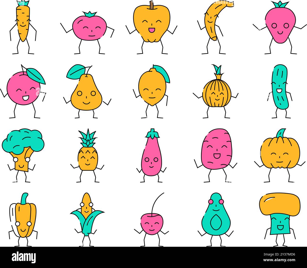 fruit vegetable character food icons set vector Stock Vector Image ...