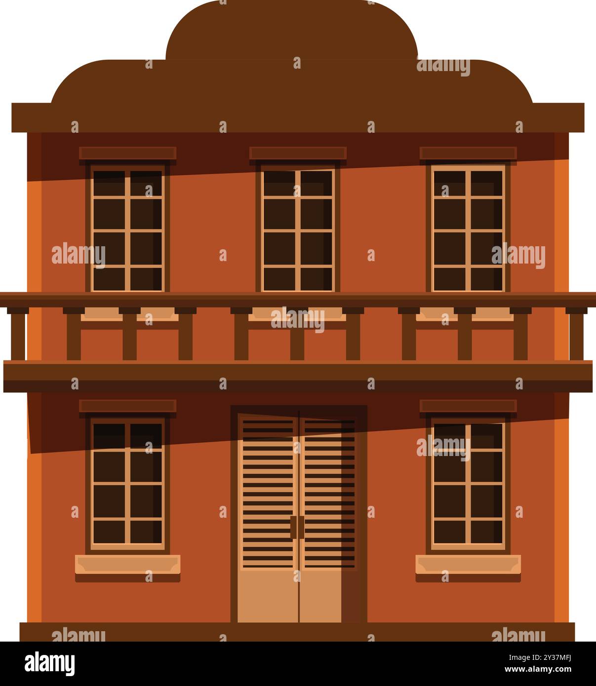 Traditional wild west saloon building with a balcony, bathed in warm ...