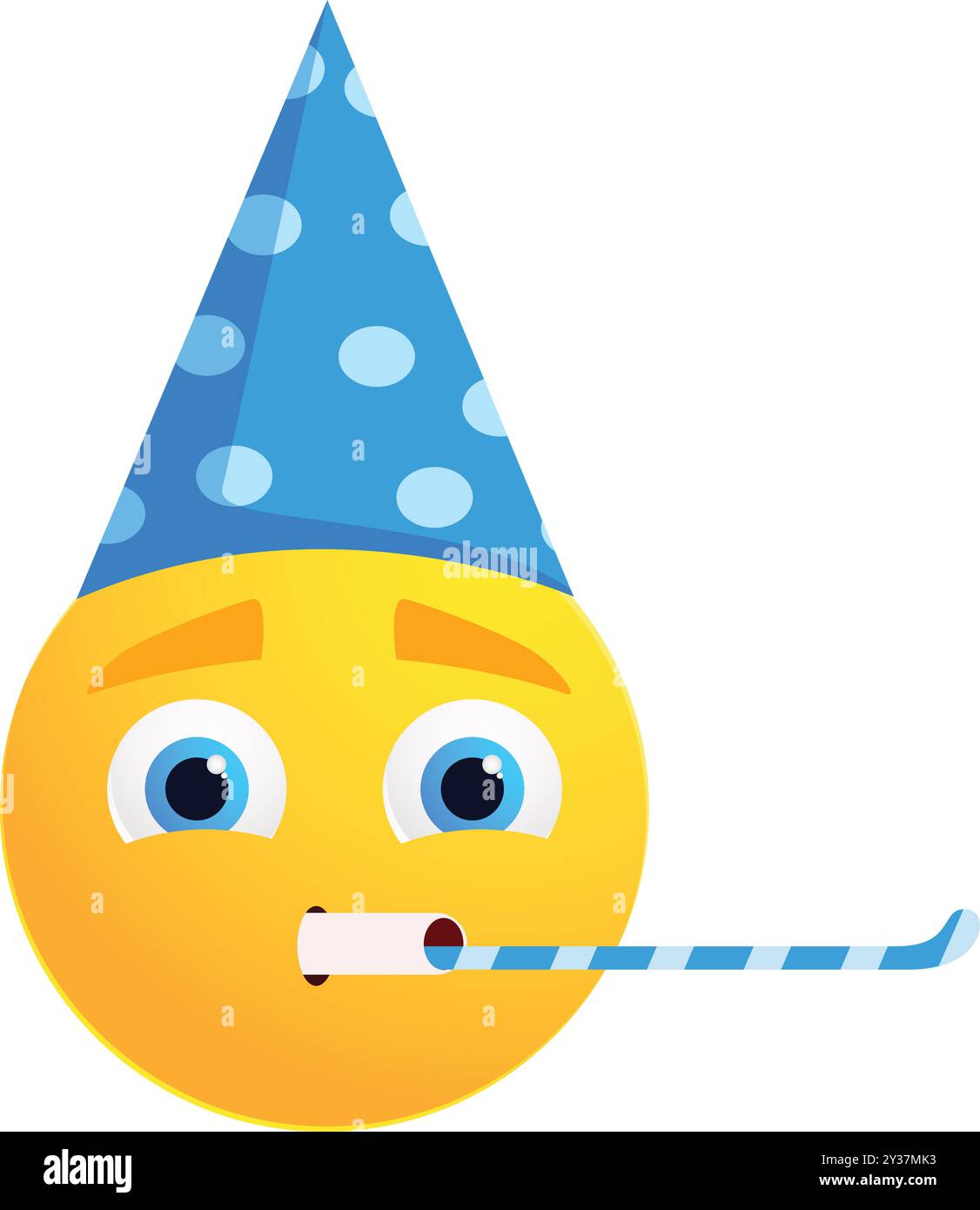 Sad looking emoji blowing a party blower while wearing a blue and white ...