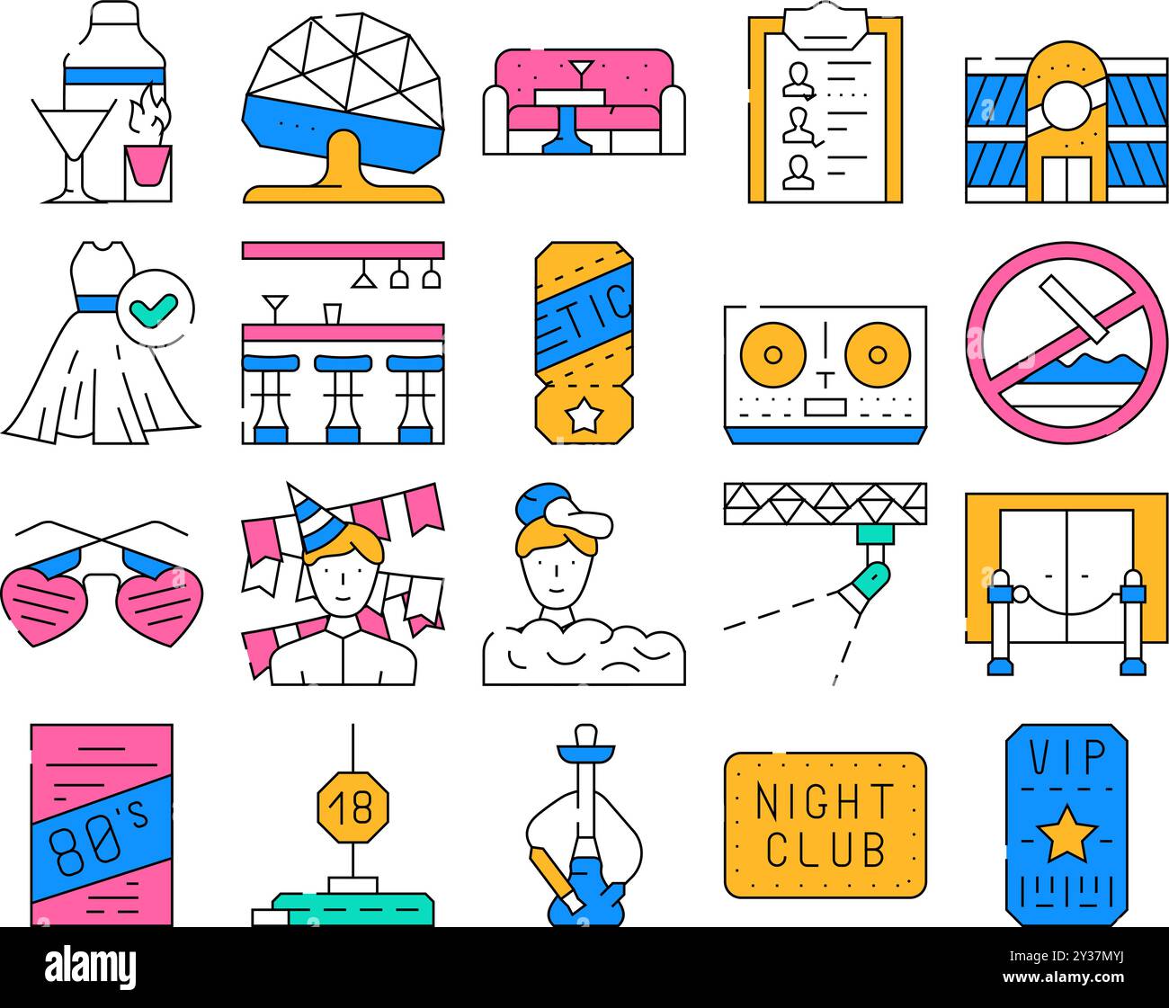 Night Club Dance Party Collection Icons Set Vector Stock Vector Image ...