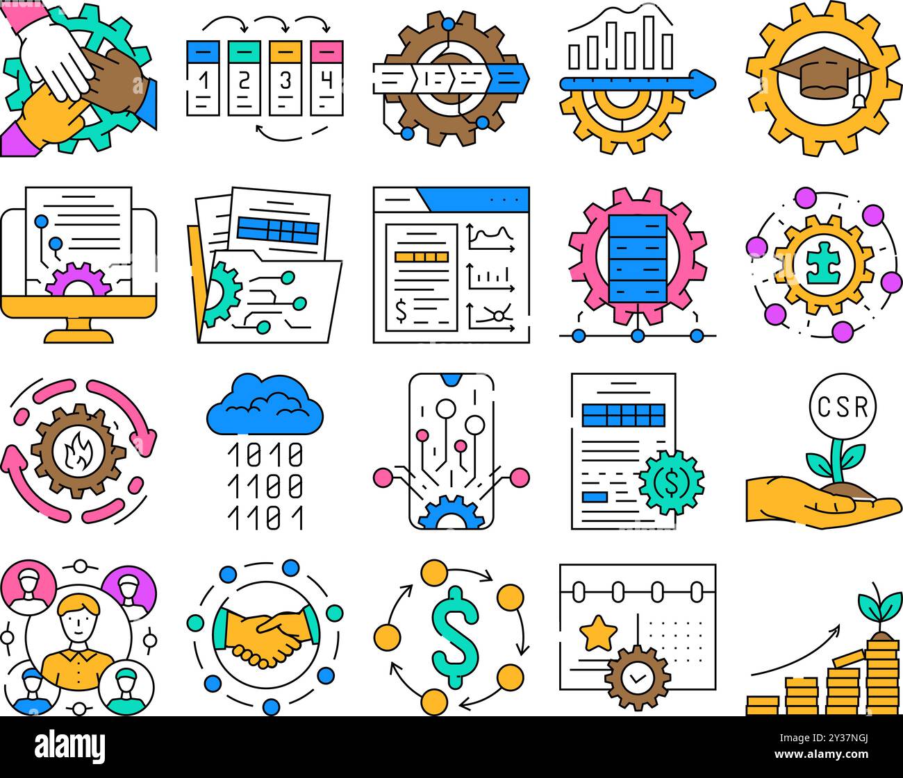 Business process technology icons set vector system teamwork hi-res ...