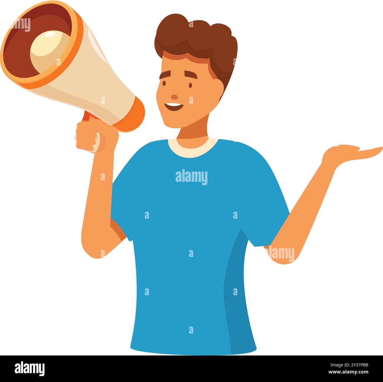 Young man is speaking into a megaphone and gesturing with his hand ...