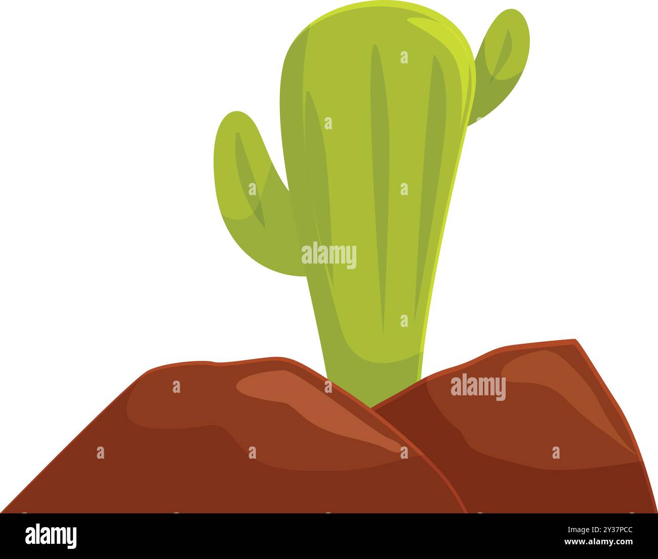 Cartoon style illustration of a green cactus growing in brown sand ...