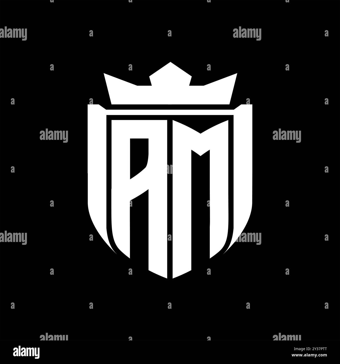 AM Letter logo with shield shape inside shield badge crown on black ...