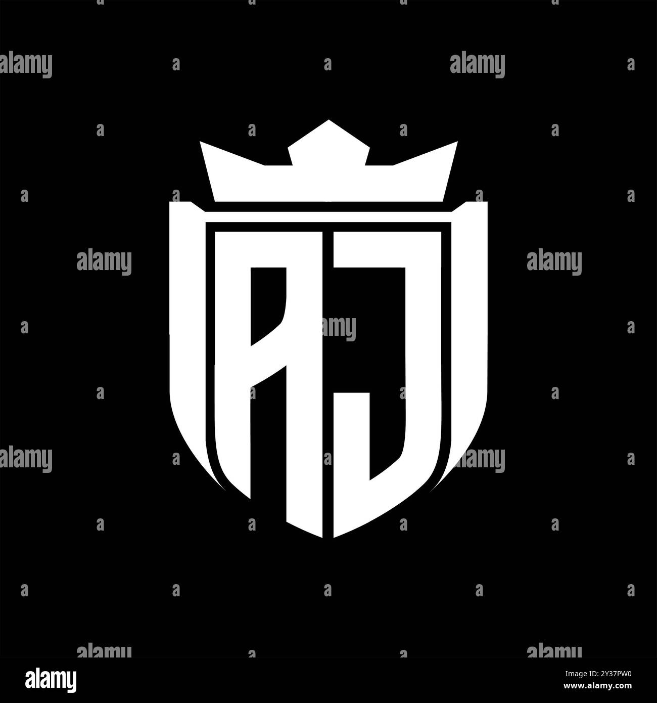AJ Letter logo with shield shape inside shield badge crown on black ...