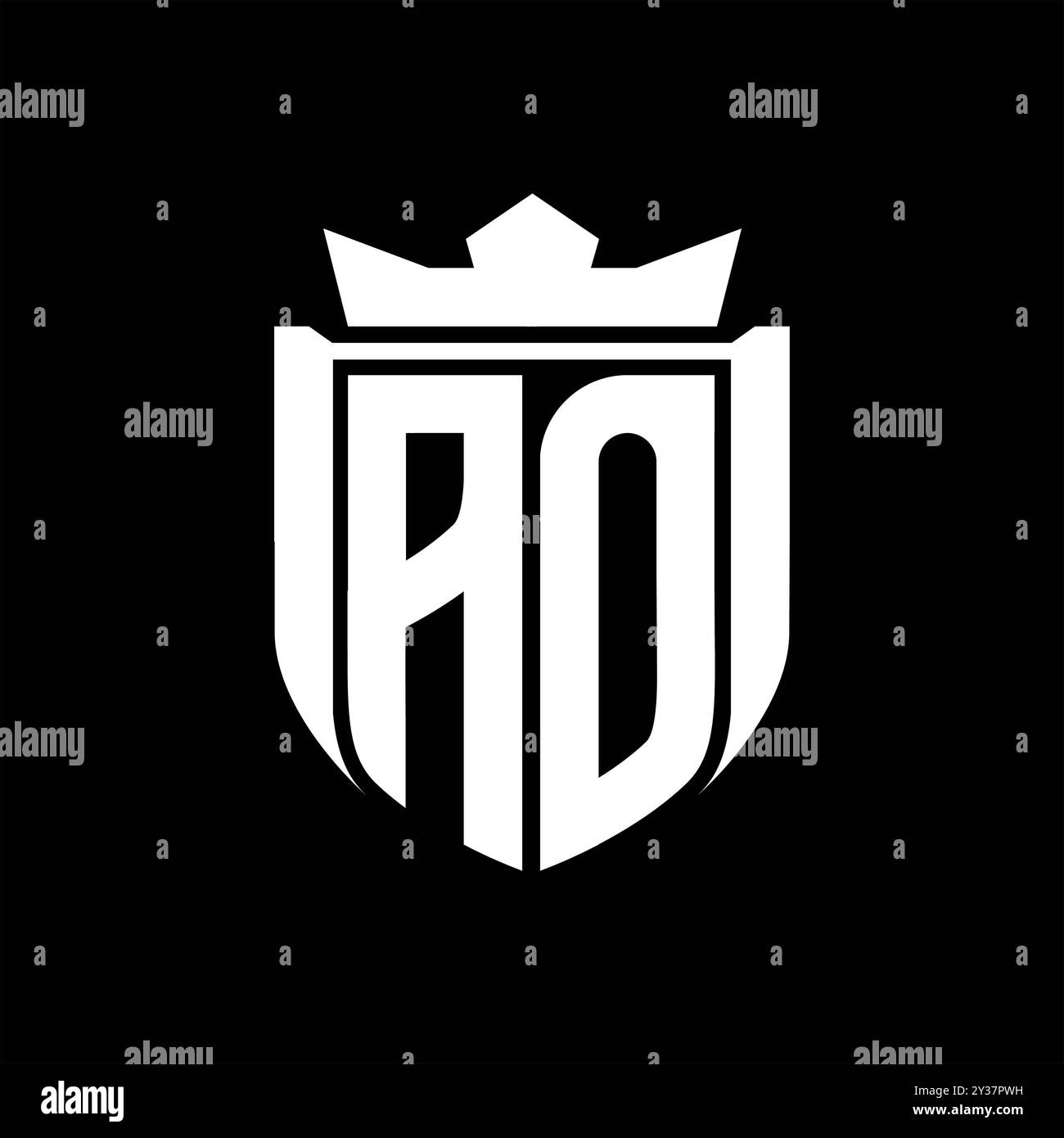 AO Letter logo with shield shape inside shield badge crown on black background template design ...