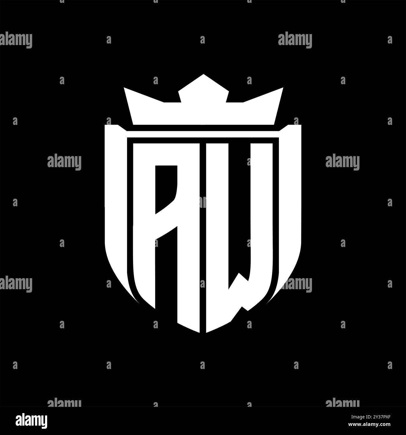 AW Letter logo with shield shape inside shield badge crown on black ...