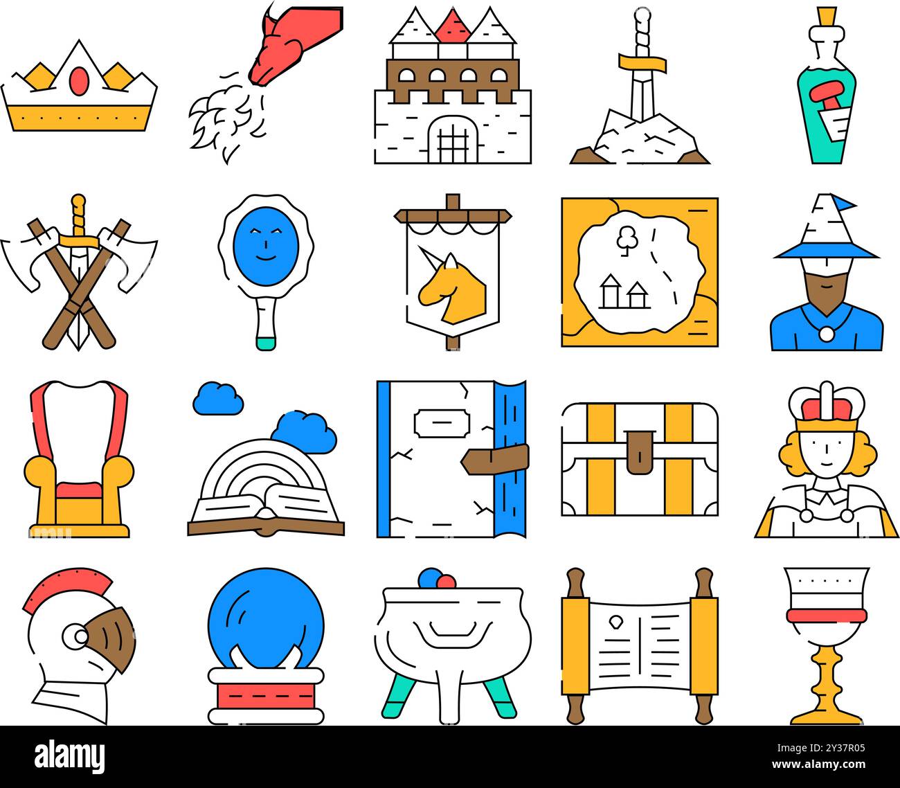 Fairy Tale Story Medieval Book Icons Set Vector Stock Vector Image ...
