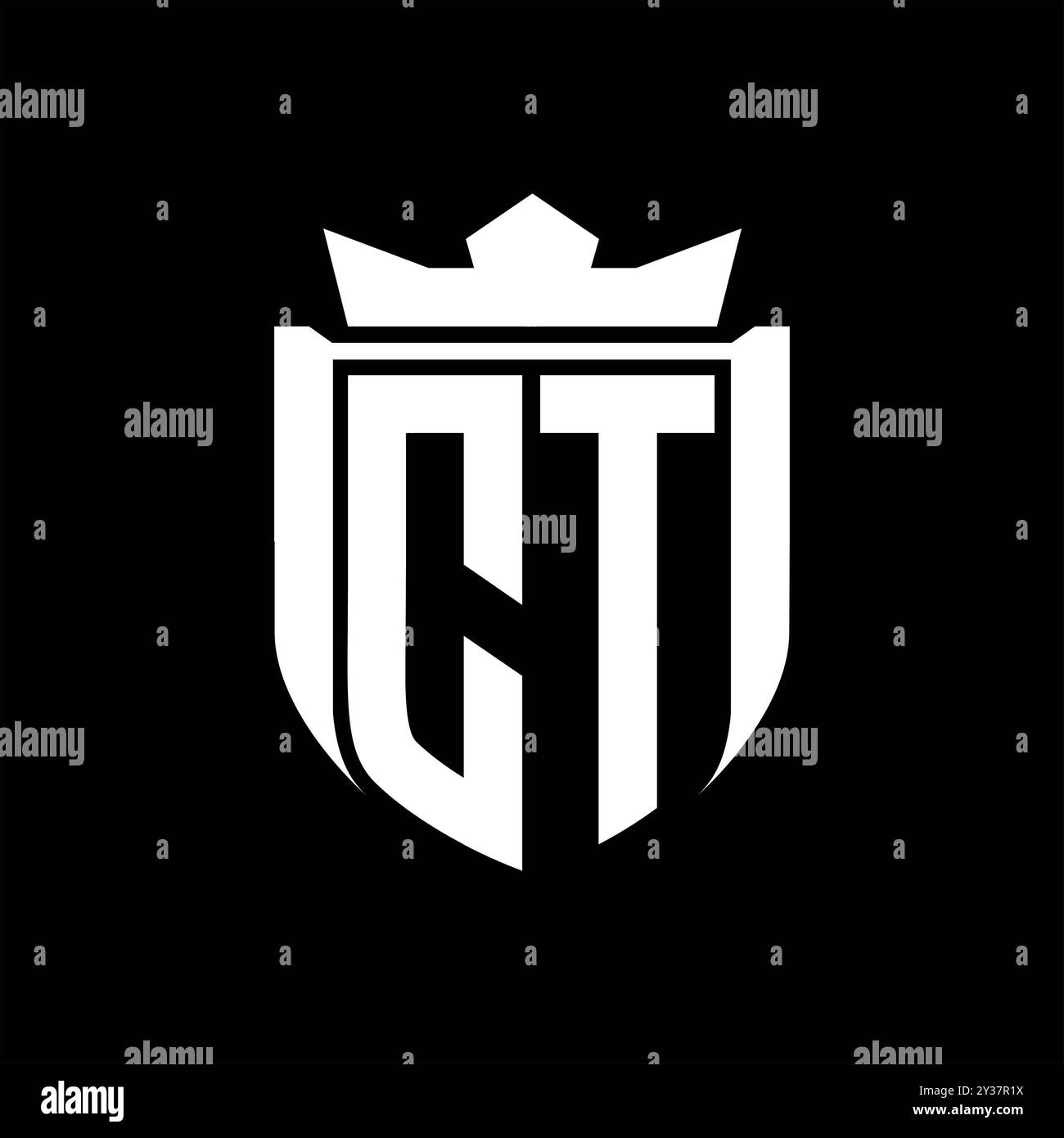 CT Letter logo with shield shape inside shield badge crown on black ...
