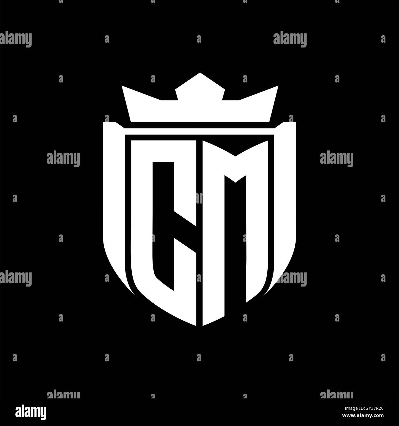 CM Letter logo with shield shape inside shield badge crown on black background template design ...