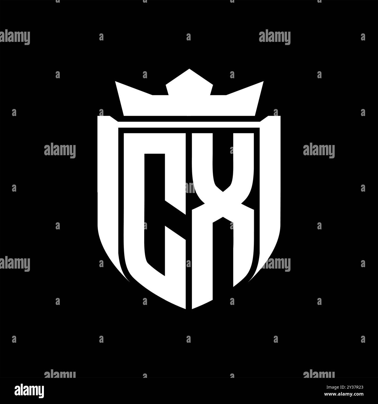 CX Letter logo with shield shape inside shield badge crown on black ...