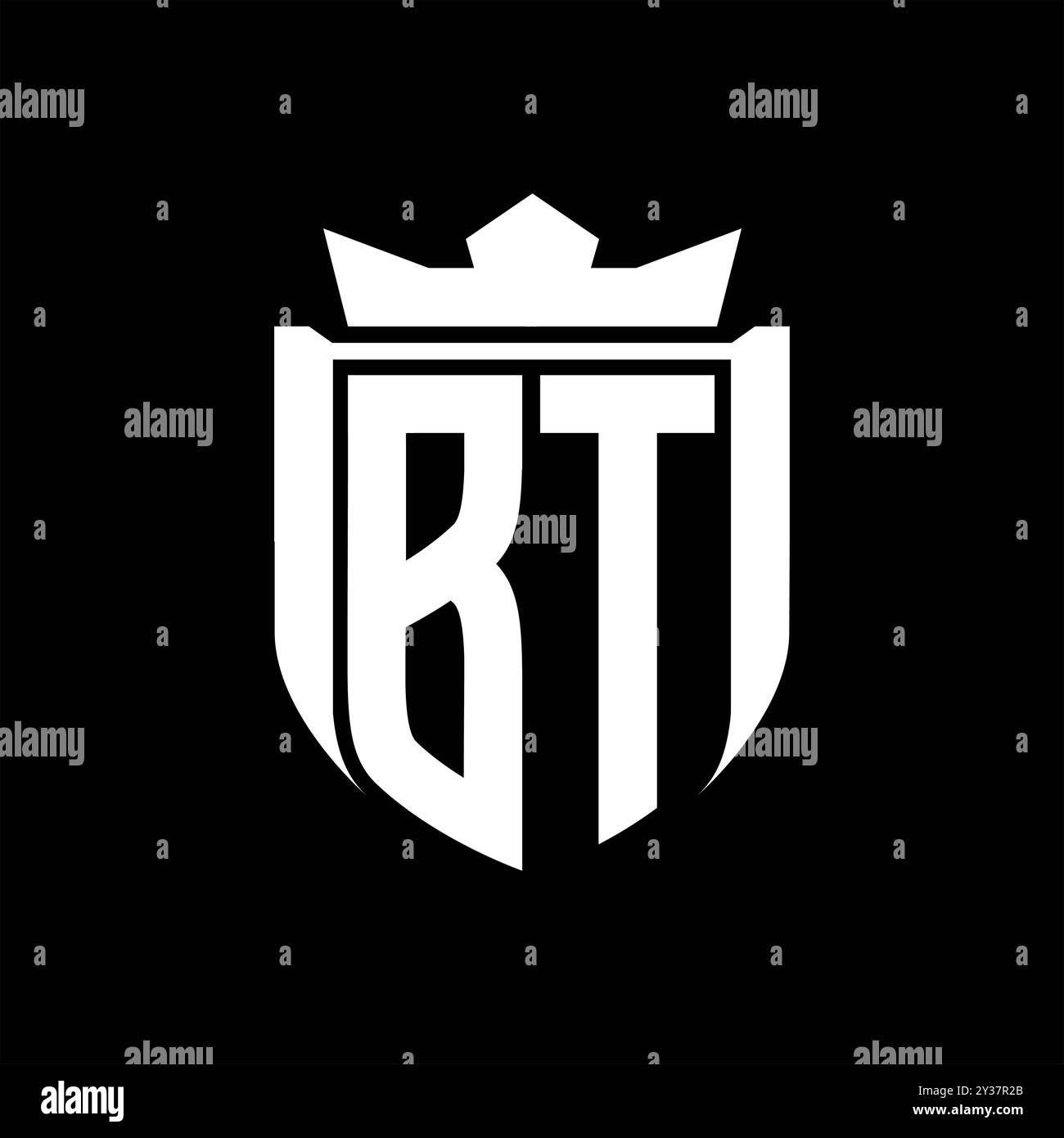 BT Letter logo with shield shape inside shield badge crown on black ...
