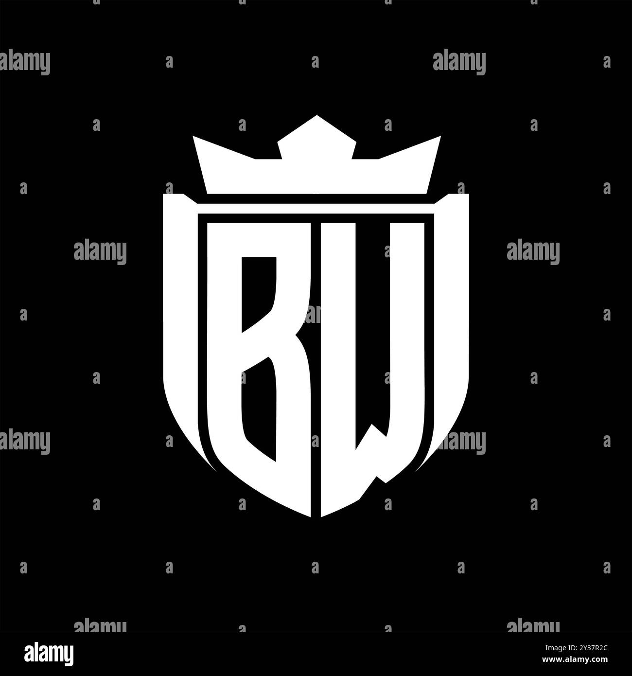 BW Letter logo with shield shape inside shield badge crown on black ...